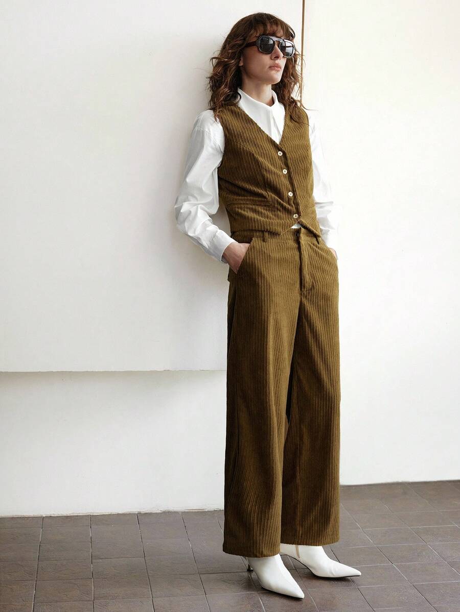 Ontre 2025 Modern Urban Style, Brown, Corduroy Fabric, Waist-Cinched Fitted Design, Women's 2 ...