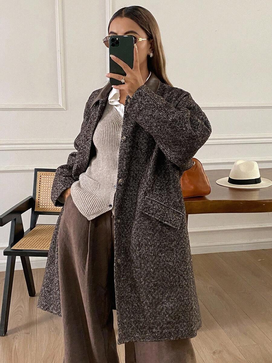 DAZY Damen Loose Fit Patchwork PU & Woll Mischung Langarm Elegante ...