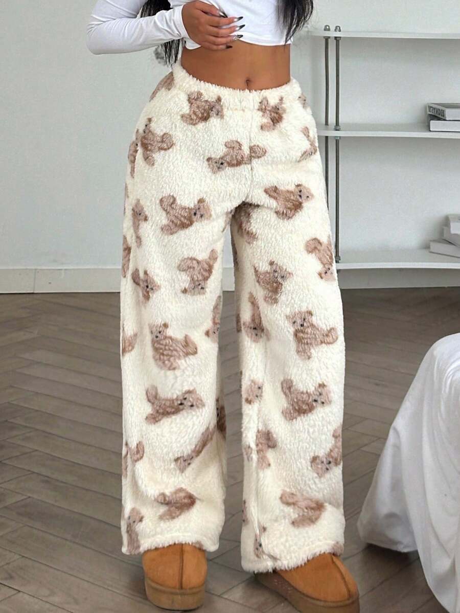 Teen Girls Beige Fuzzy Bear Print Drawstring Pants Pajama Pants Lounge ...
