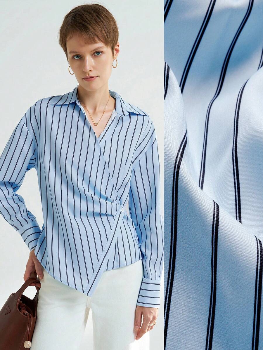 Airaco Damen gestreiftes Hemd mit Drop Shoulder, Langarm, Raffung und ...