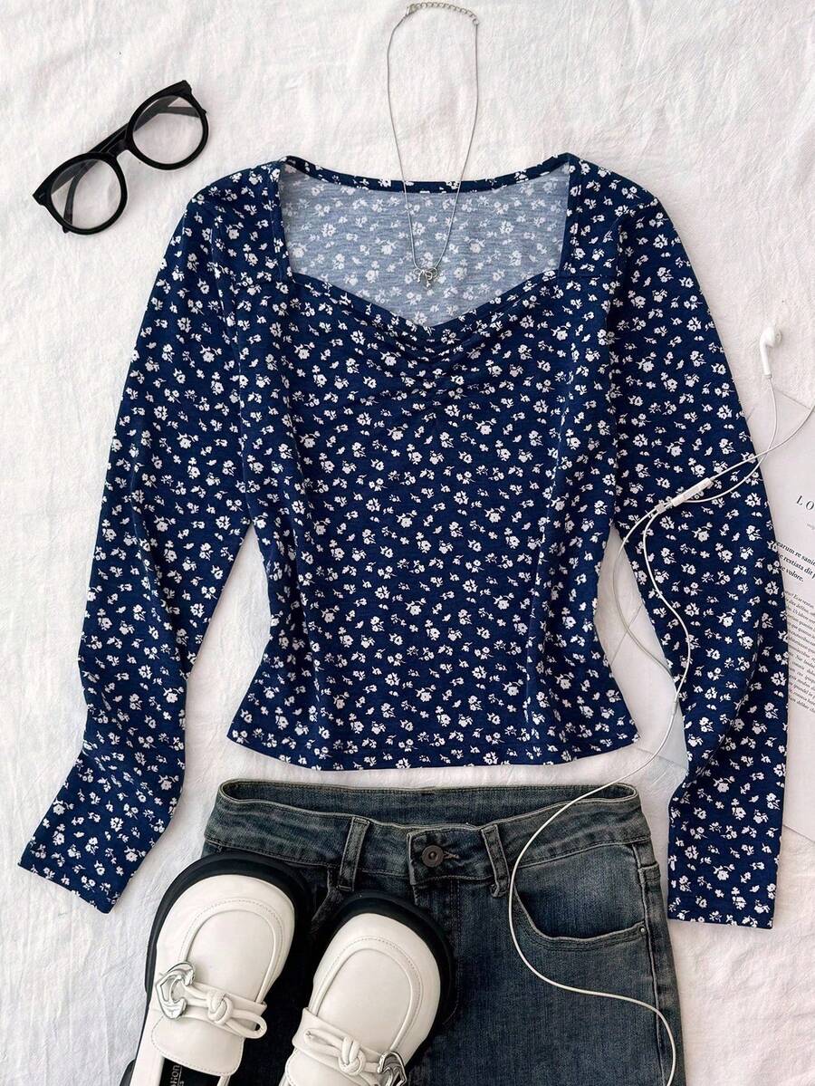 SHEIN Teen Girls' Long Sleeve Ruched Chest Ditsy Floral Fitted T-Shirt ...