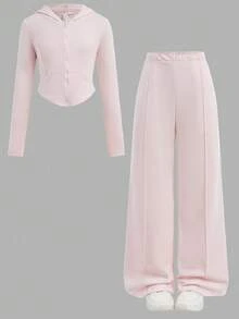 SHEIN Tween Girls 2pcs Solid Pink Drawstring Hoodie Top And Wide Leg ...