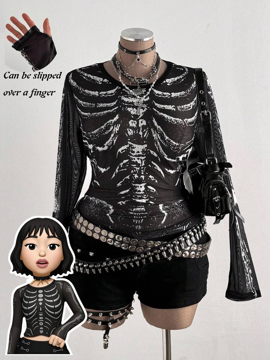 Plus Size Women Halloween Skeleton Print Mesh Crop Top | SHEIN USA