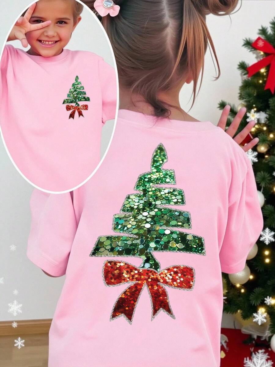 Young Girl Cute Christmas Tree Graphic Print Short Sleeve T-Shirt ...