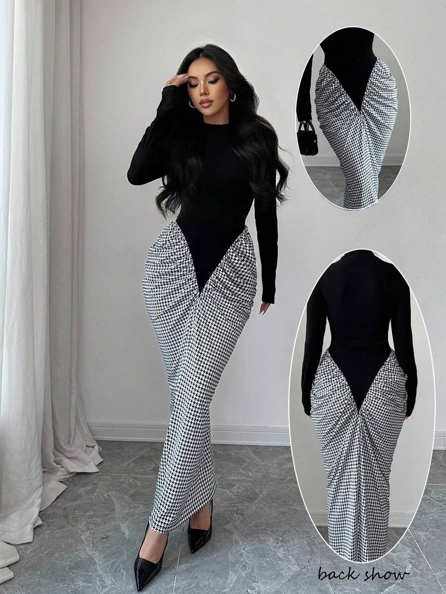 Elenzga Women's Houndstooth Pattern Patchwork Round Neck Waist Design Fishtail Hem Elegant ...