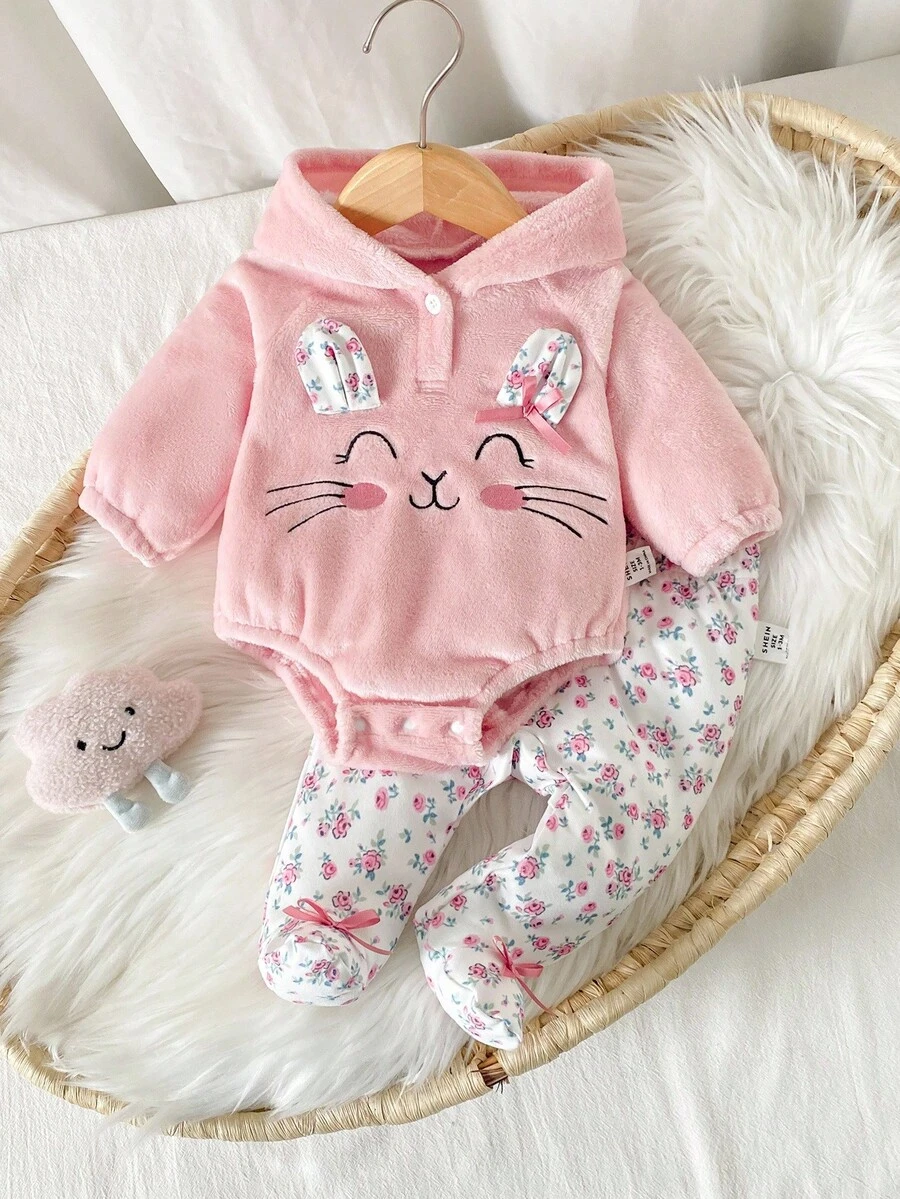 2pcs Newborn Baby Girl Autumn/Winter Outfit, Fleece Hooded Romper With ...