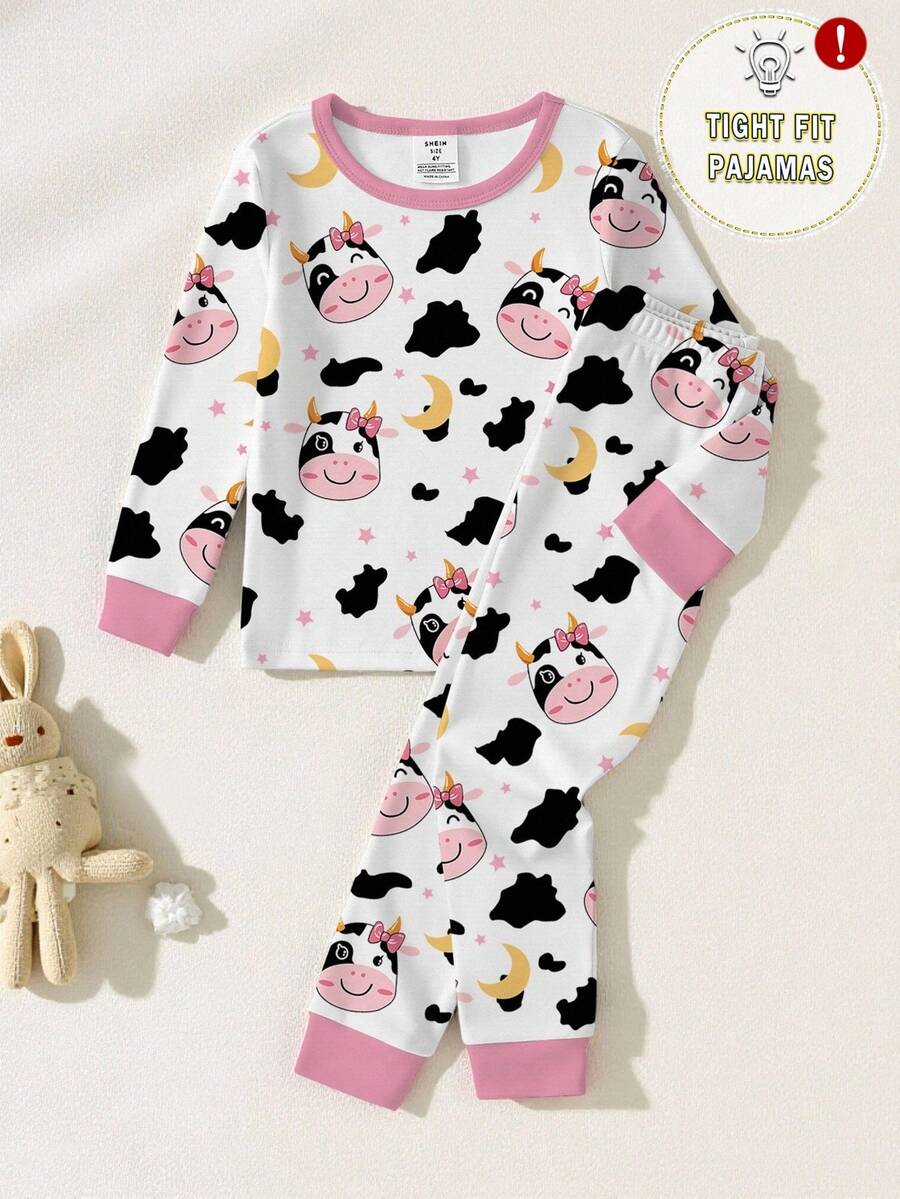 Genkimix Kids 2pcs Snug Fit Pajama Set For Young Girls, Cute Cow Print ...