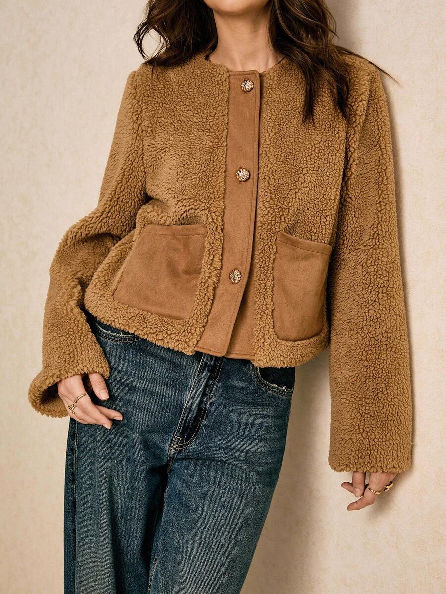 Poéselle Women's Jacket Plush Coat With Suede Pockets Brown Coat Warm ...