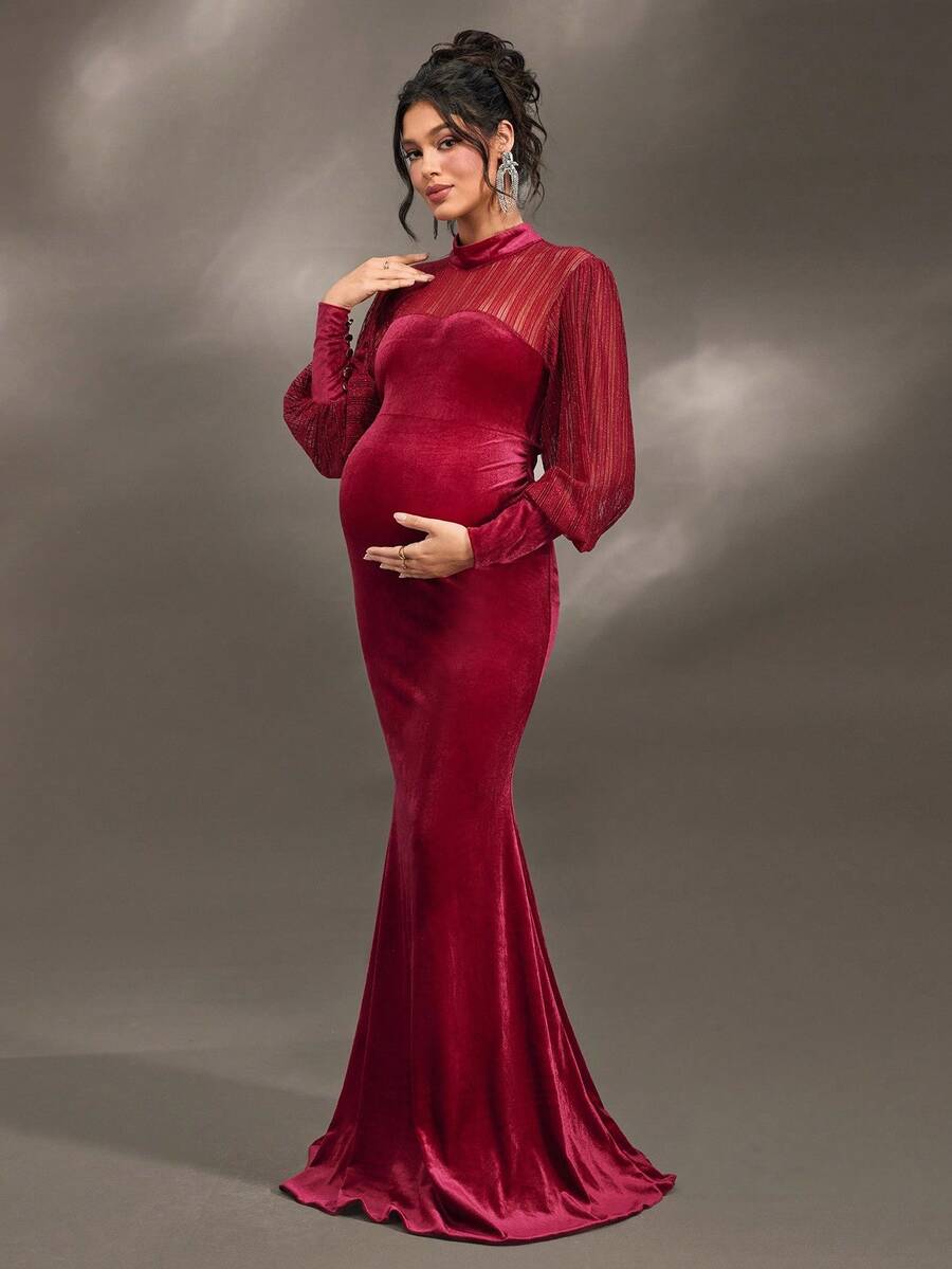 Cheriluna Maternity Maternity Photography Dress, Long Sleeve Stand Collar, Open Back, Fish Tail ...