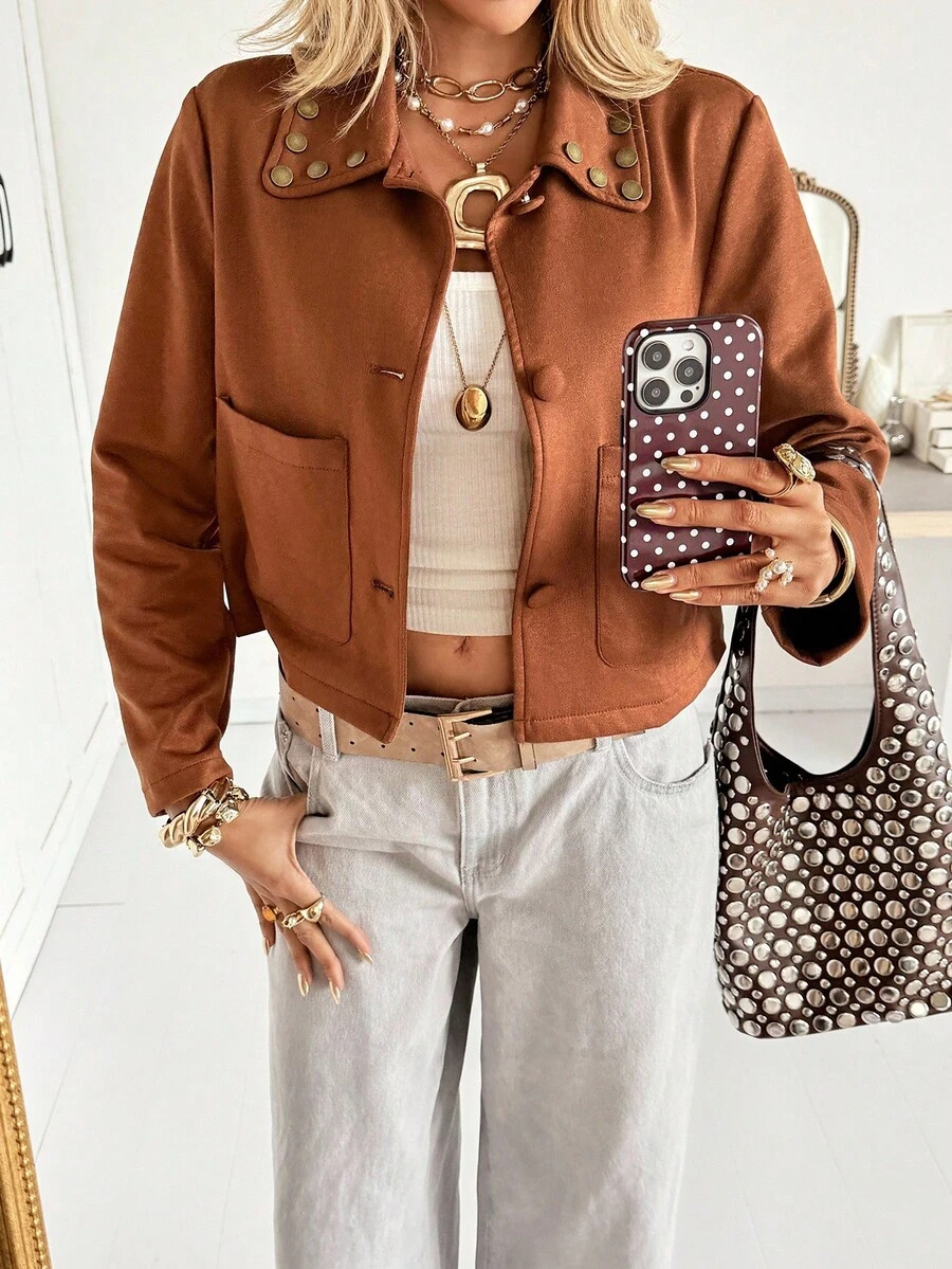 Siren Gaze Women's New Suede Rivet Cropped Jacket, Autumn/Winter Brown ...