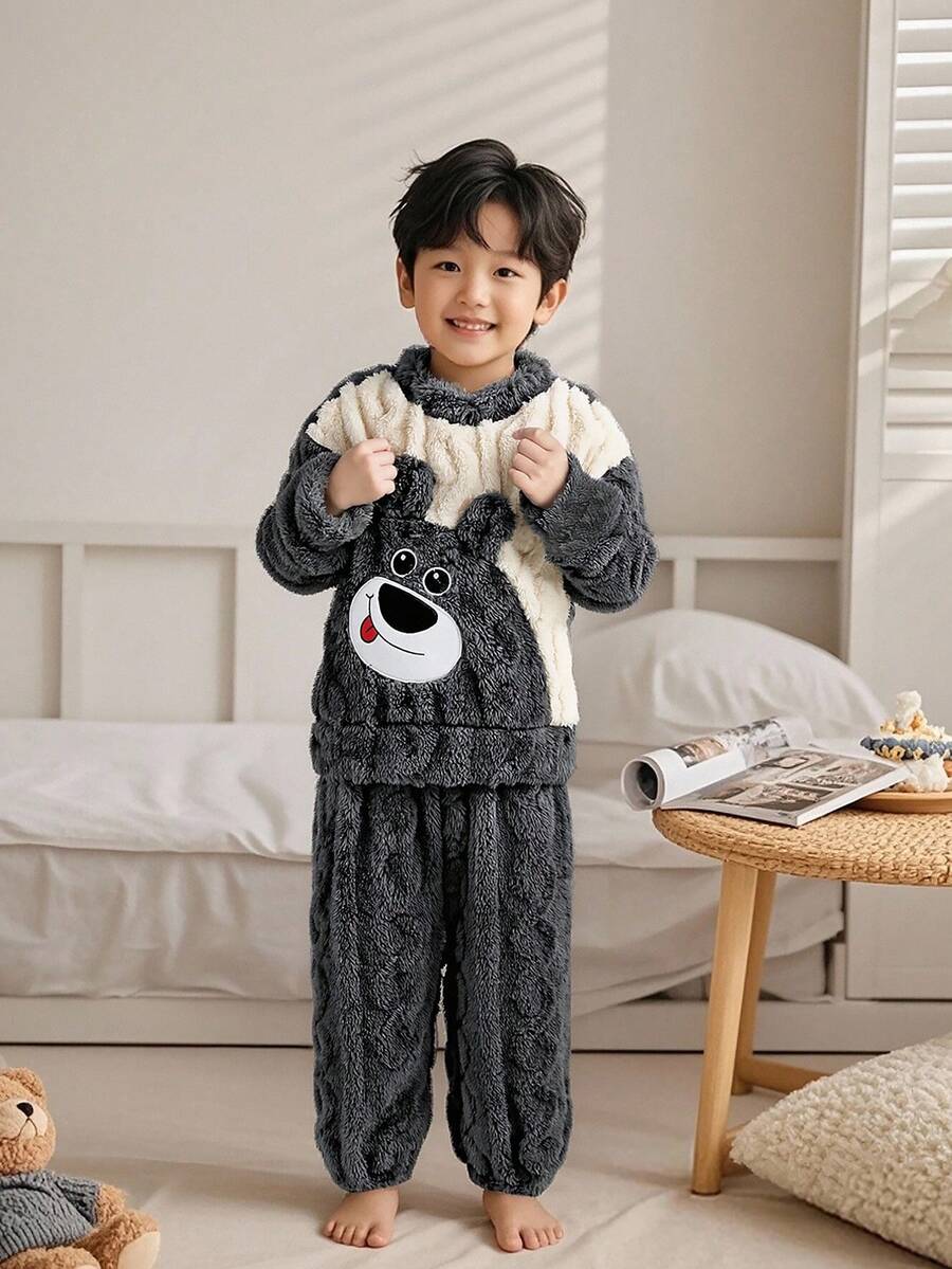 Young Boy Home Outfit Set, Color Block Design, Embroidered Cute Bear ...