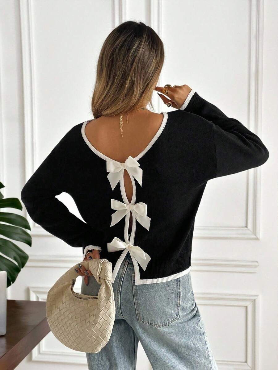 SHEIN Frenchy Suéter casual de mujer con lazo y ribete de contraste ...