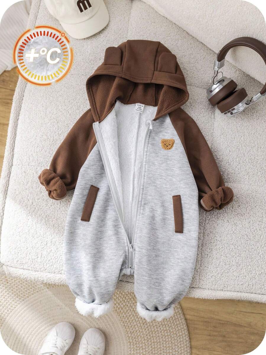 SHEIN Newborn Baby Unisex Plush Bear Hooded Romper, Casual Color Block ...