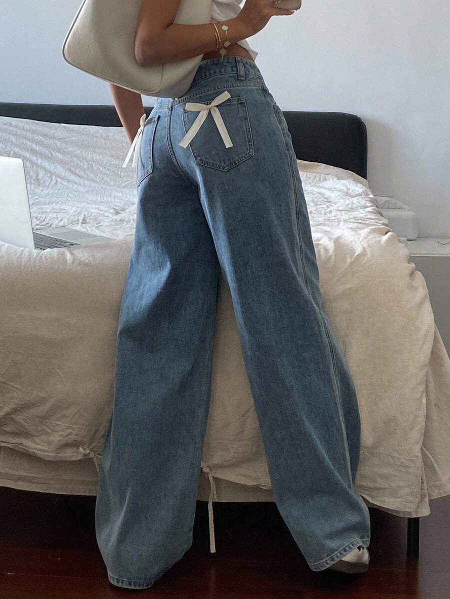 Livesso Jeans de cintura alta y pierna ancha, ropa de vuelta al colegio ...