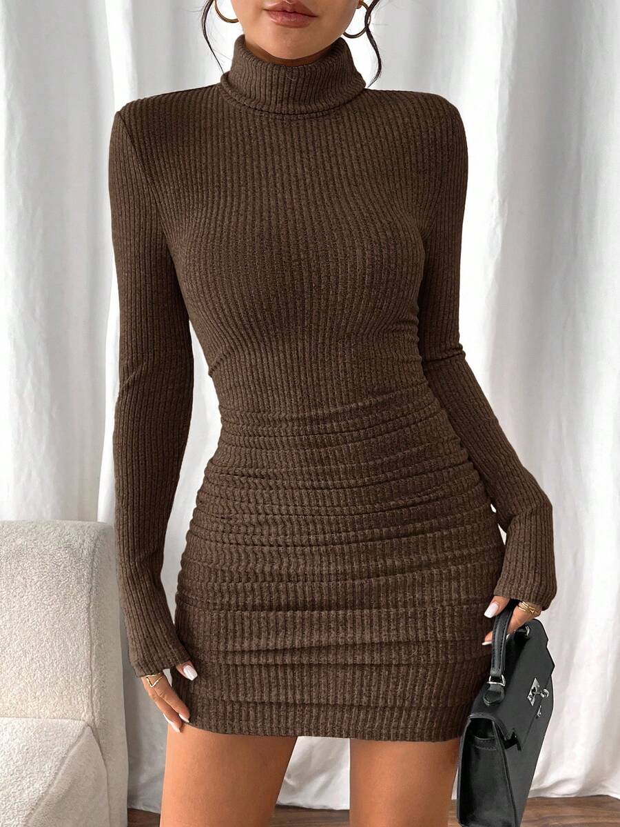 SHEIN Frenchy Women's Solid Color Turtleneck Long Sleeve Ruched Ribbed ...