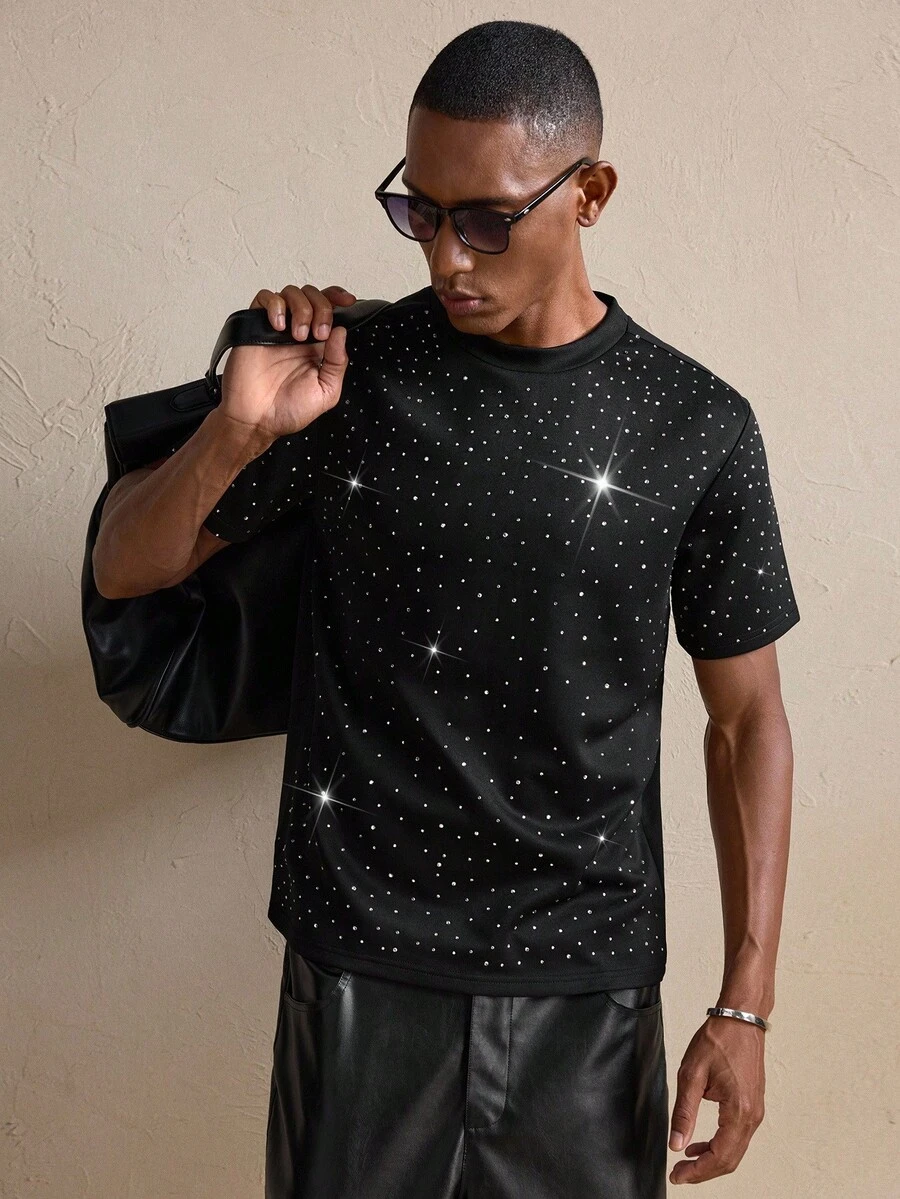AKNOTIC Rhinestone Embellished Loose Fit Men's Round Neck Short Sleeve ...