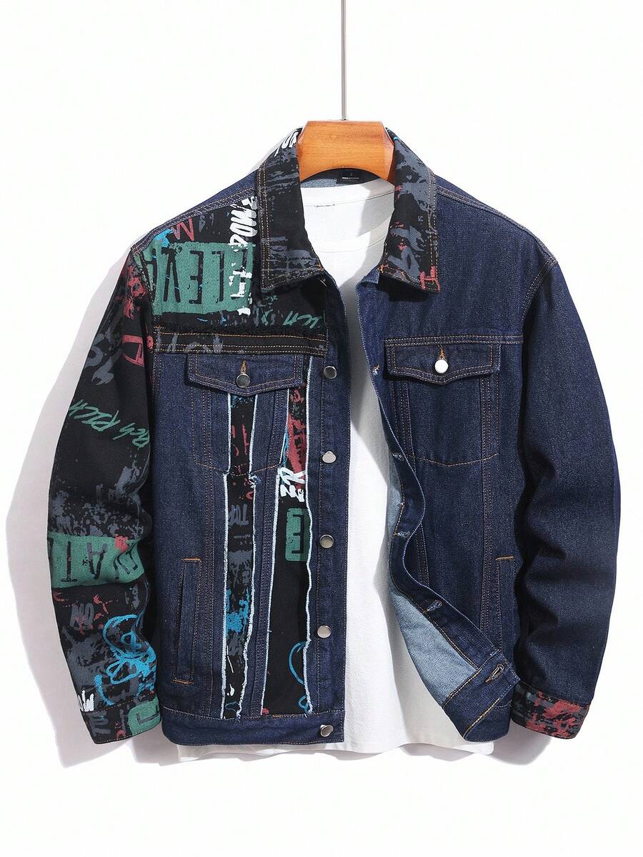 Manfinity Hypemode Men's Casual Printed Patchwork Denim Jacket, Autumn ...