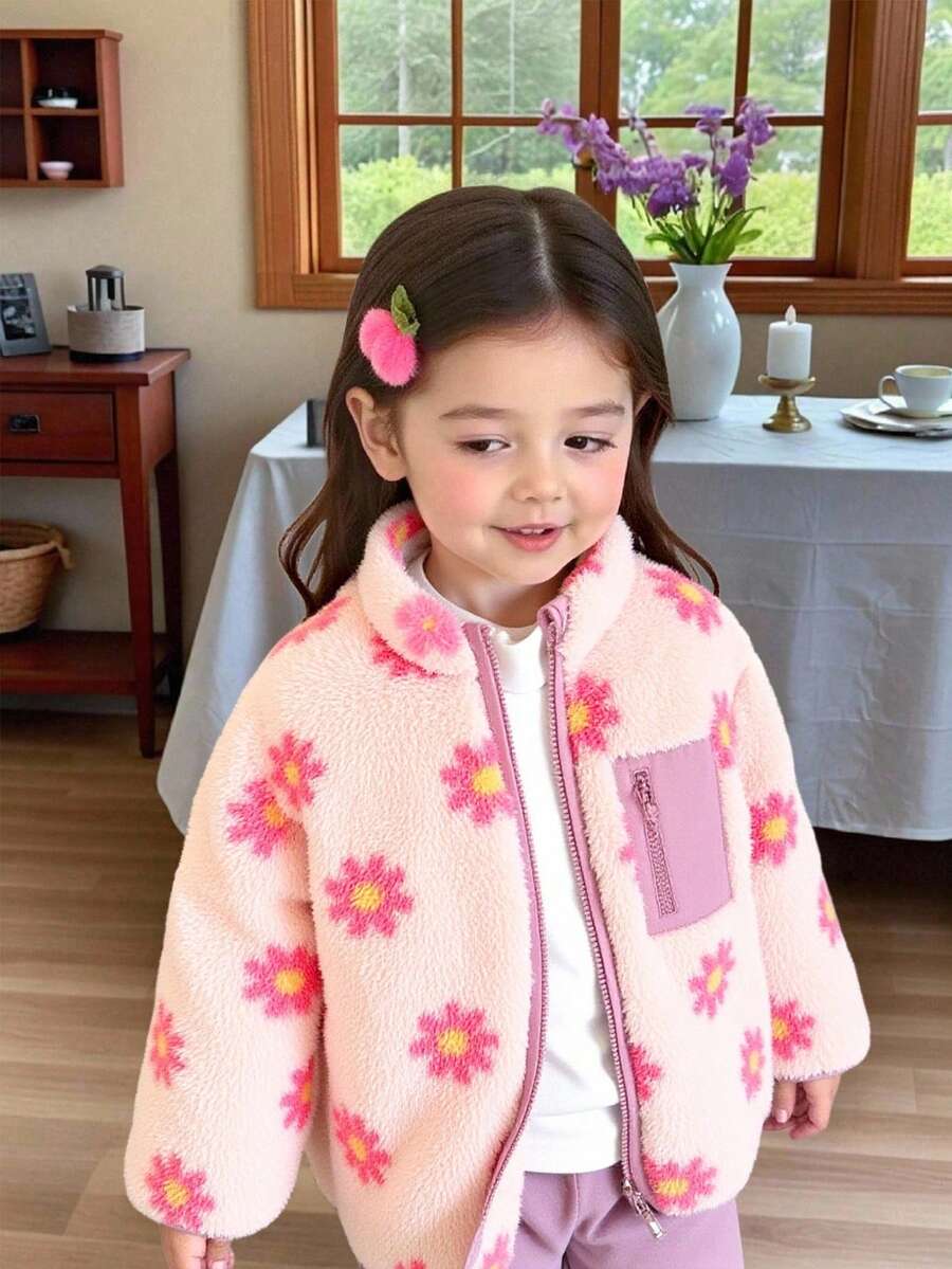 SHEIN Young Girl Casual Cute Stand Collar Zipper Faux Pocket Floral ...