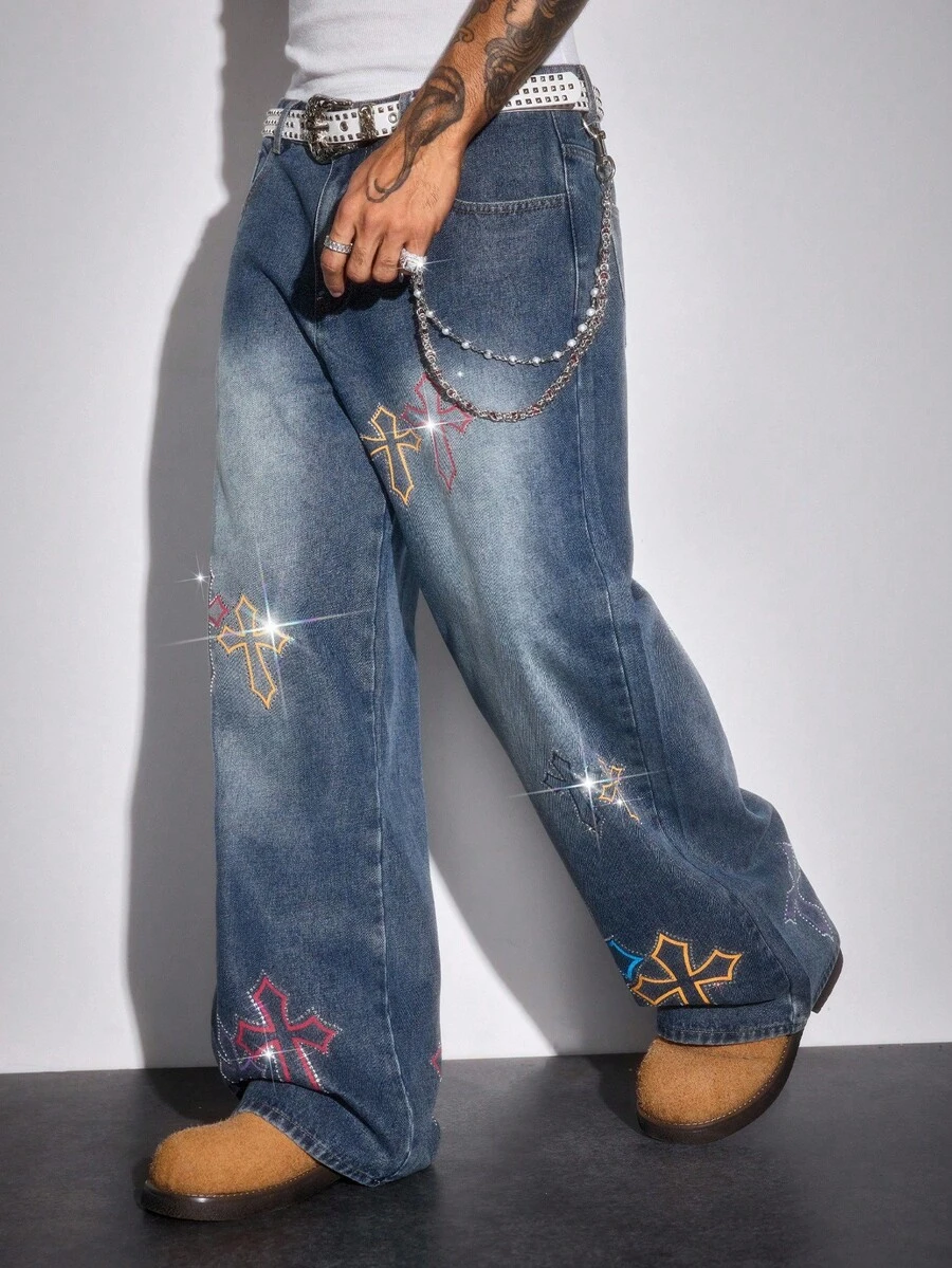 ROMWE MEN Street Life Men's Street Fashion Cross Rhinestone Embellished ...