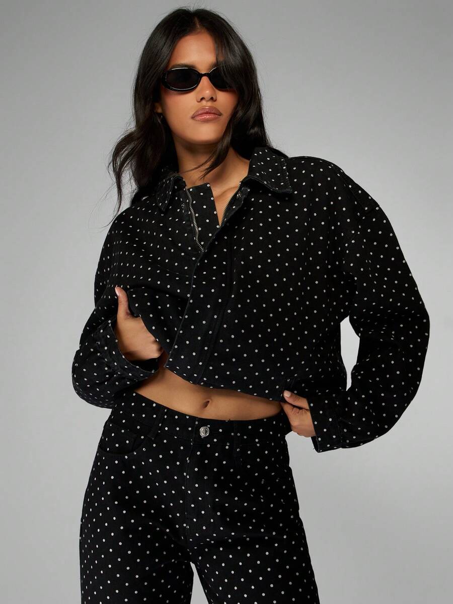 MISSGUIDED Baumwoll-Polka-Punkt-Jeans-Bomberjacke mit klassischem ...
