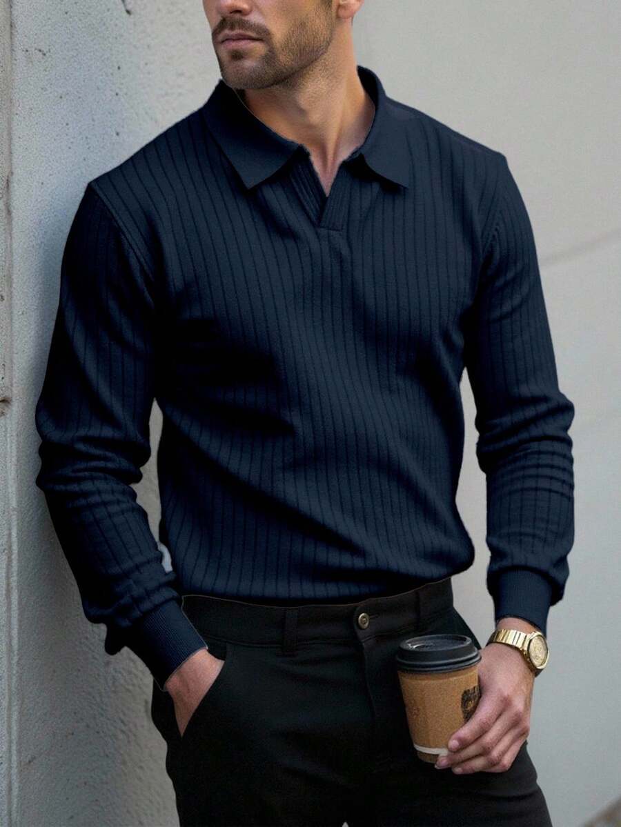 Manfinity Homme Men's Solid Color Long Sleeve Casual Office Polo Shirt ...