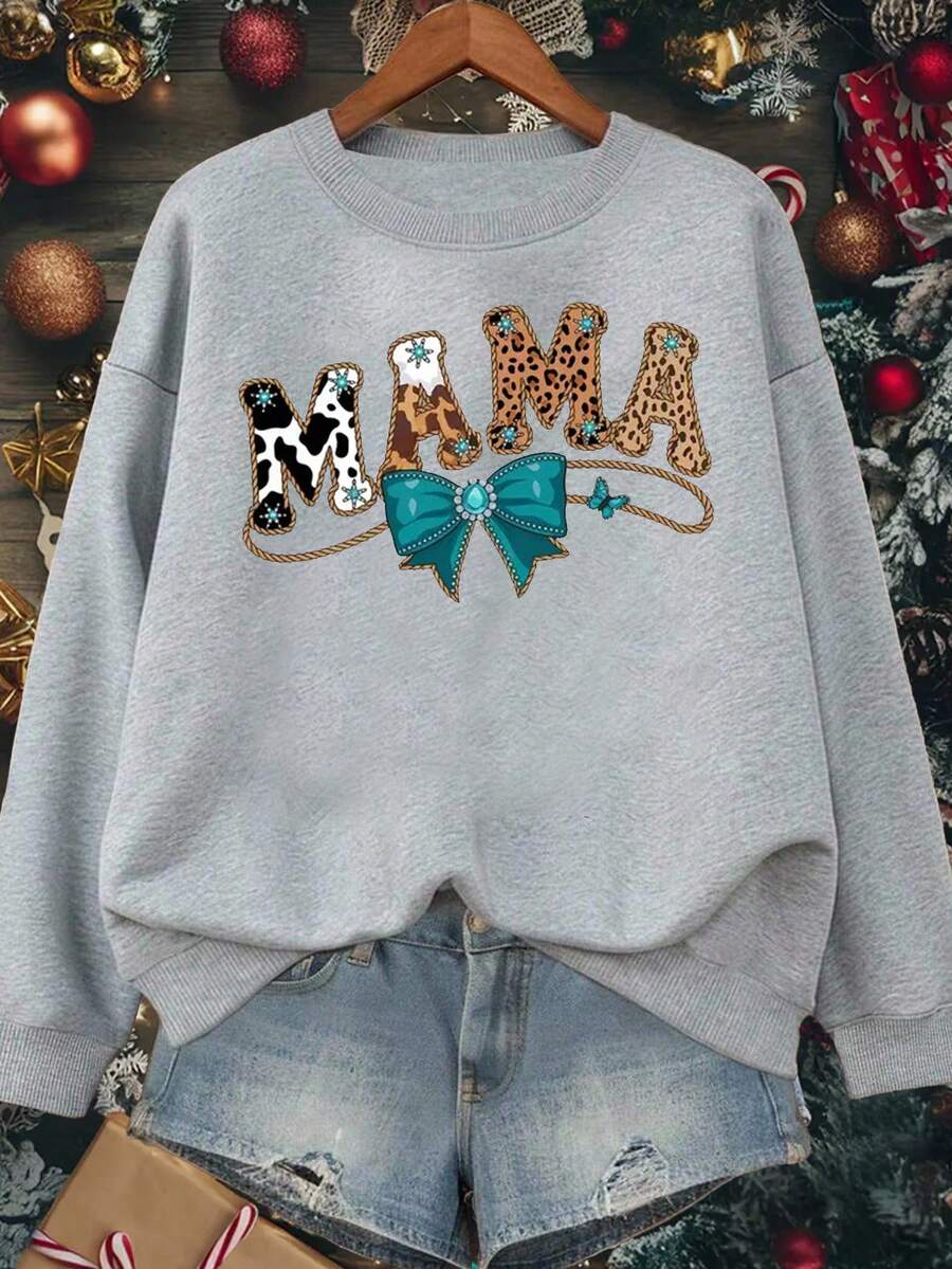 INAWLY Plus Size Women Casual Sweatshirt With Letter & Bow Print, Round ...