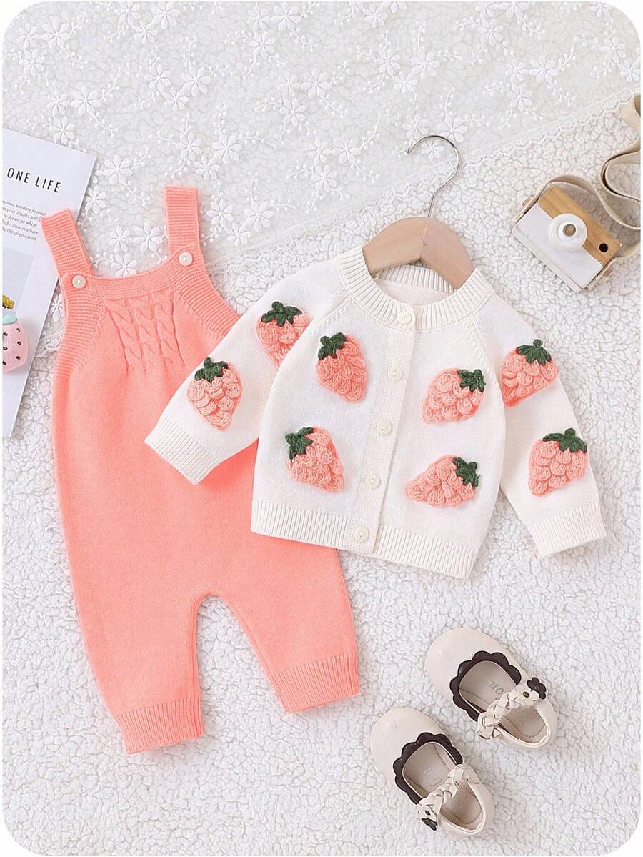 Baby Girl Fashionable Cute 3D Grape Decor Cardigan Knitted Jumpsuit Set ...