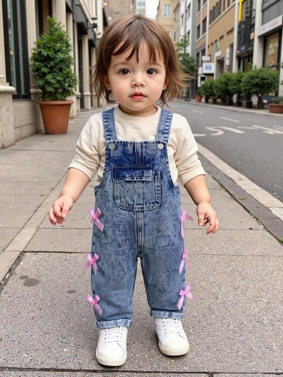 Baby Girls' Vintage Washed Mid-Blue Denim Overalls With Bow Decor ...