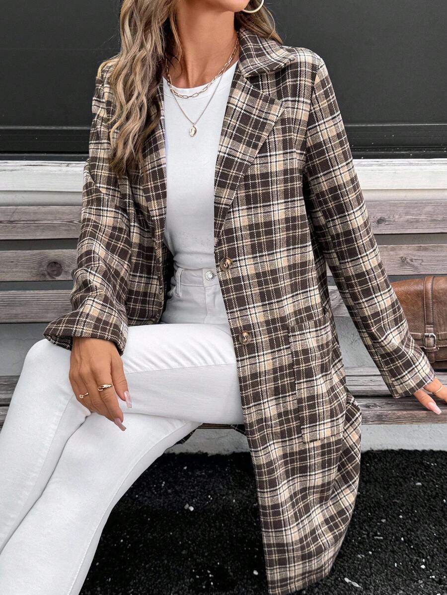 SHEIN Vintage British Style Khaki Plaid Patchwork Lapel Loose Elegant ...