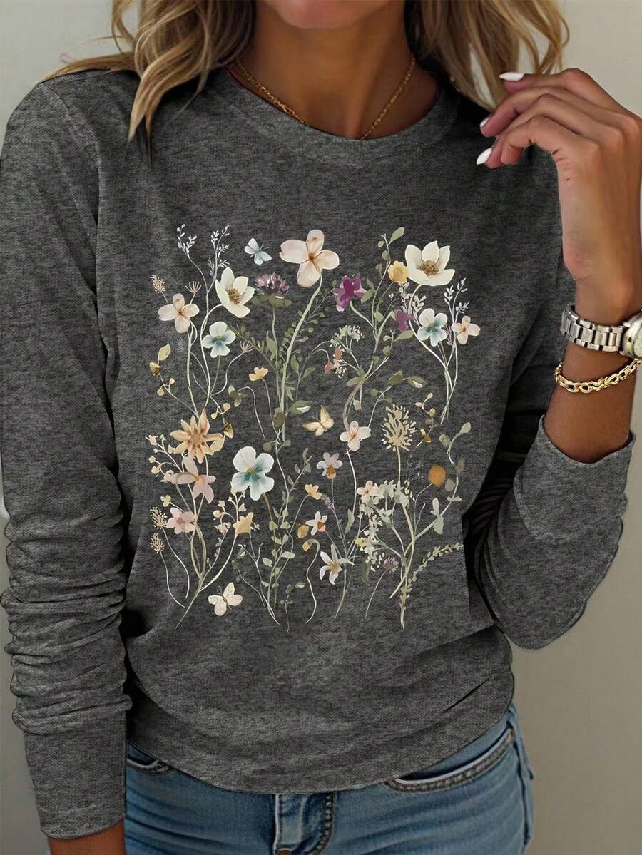 EMERY ROSE Ladies' Casual Floral Printed Round-Neck T-Shirt, Suitable ...