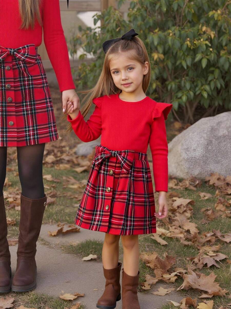 SHEIN Young Girl Red Checkered Tight Knit Round-Neck Frill Sleeve Top ...