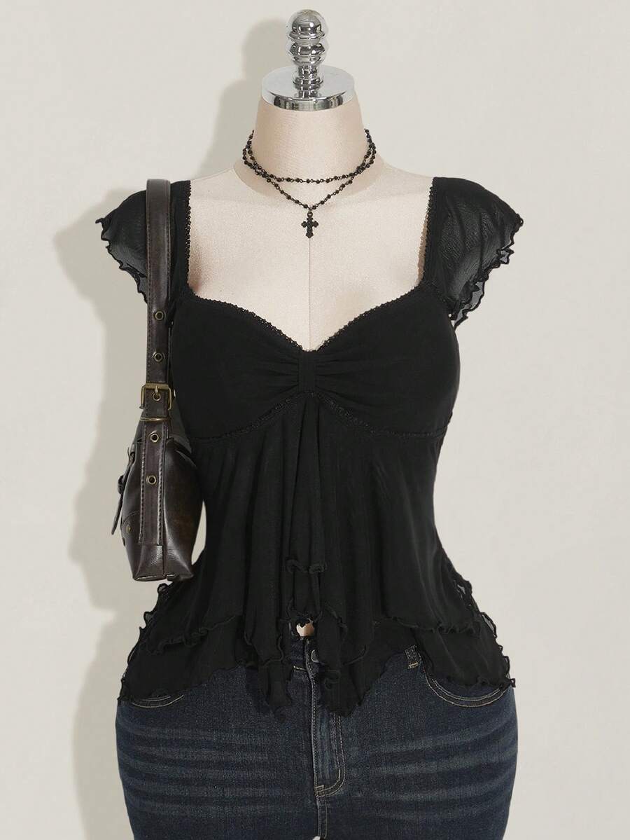 SHEIN ICON Plus Size Women Ruched Front Fitted Sexy Mesh Splice Flutter ...