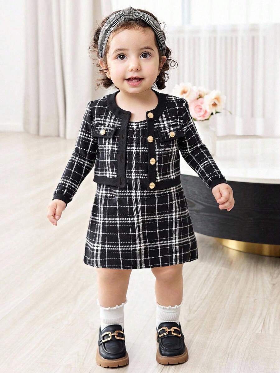 SHEIN 2pcs Baby Girl Cute Black & White Houndstooth Pinafore Dress And ...