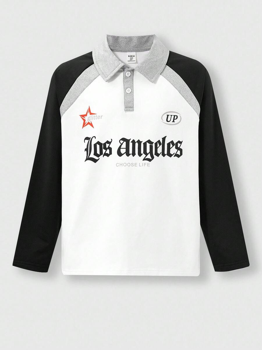 SHEIN 1 Piece Tween Boys Sports Retro V-Neck Contrasting Color POLO Shirt Long-Sleeved Lapel ...