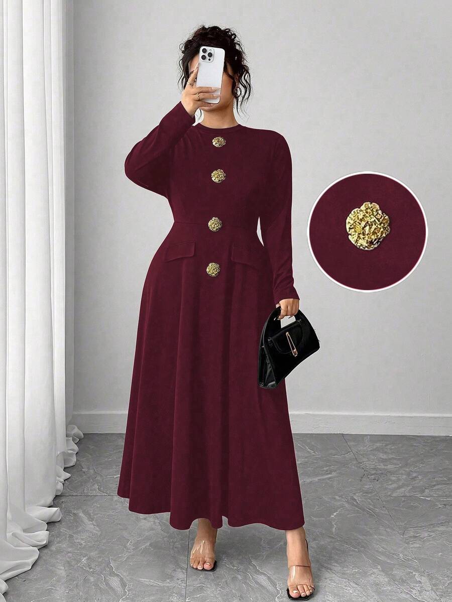 Elenzga Große Größen Damen Kleid mit Metallschnallen-Dekor an der ...