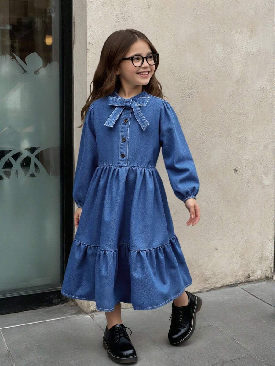 Serisse Kids Young Girl' Blue Denim Mandarin Collar Puff Sleeve Dress ...