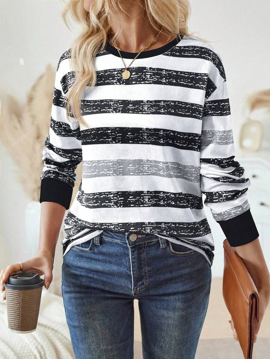 EMERY ROSE Damen Rundhals Langarm gestreiftes Lässig Top, grafische T ...