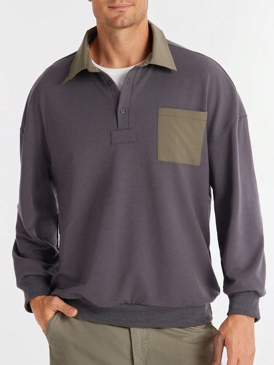 Airaco Men's Casual Colorblock Polo Collar Long Sleeve Top | SHEIN USA