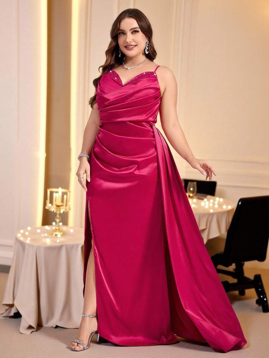 Coutiva Plus Size Sequin Bustier & Satin Patchwork Evening Gown | SHEIN UK