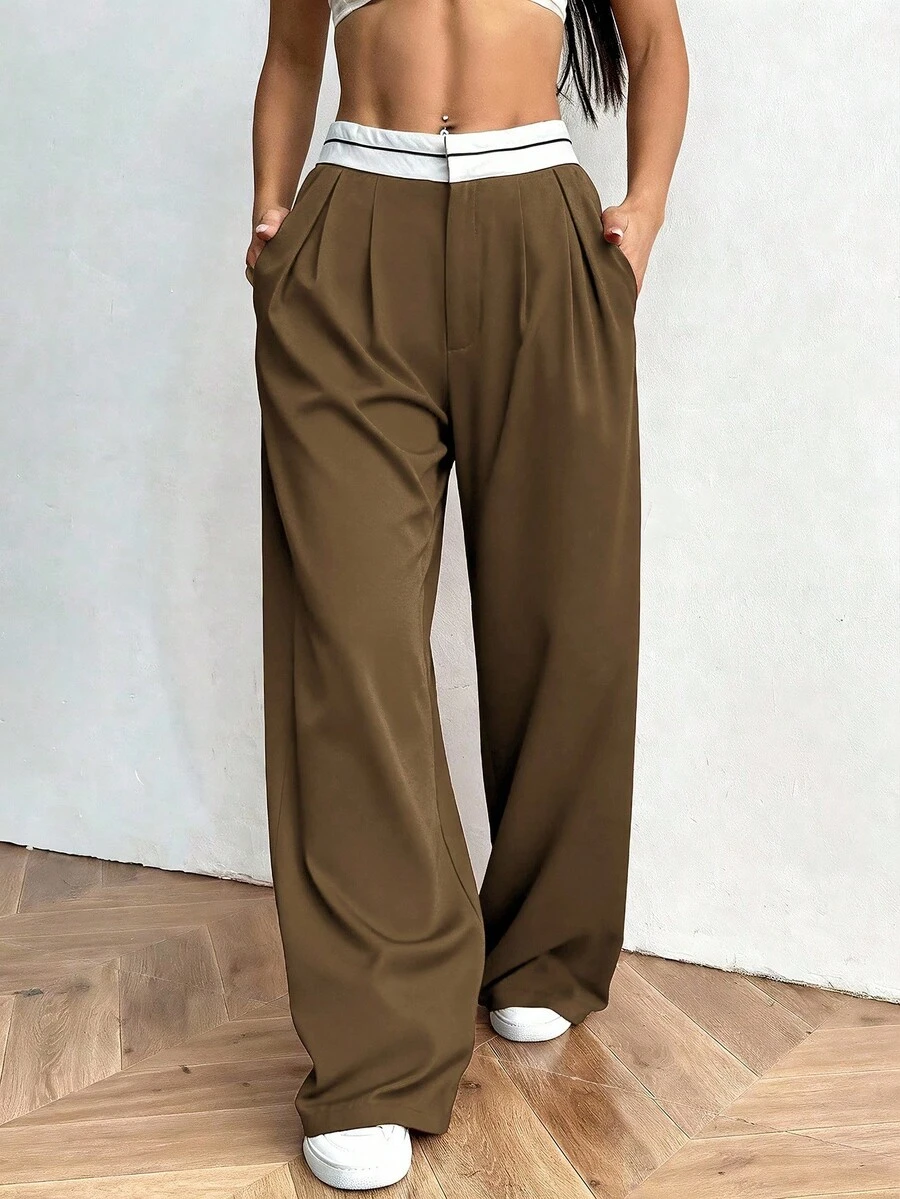 SHEIN EZwear Casual Versatile Commuter Contrast Waistband Wide Leg ...