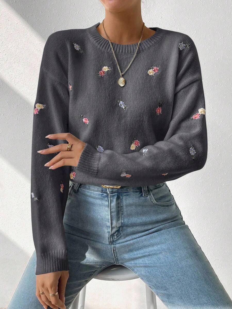 SHEIN LUNE Floral Embroidery Drop Shoulder Sweater,Long Sleeve Tops ...