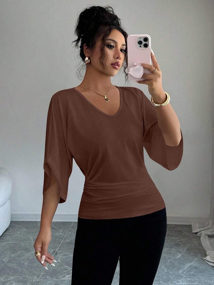 Elenzga Casual Commute Solid Color Batwing Sleeve V-Neck Short Sleeve T ...