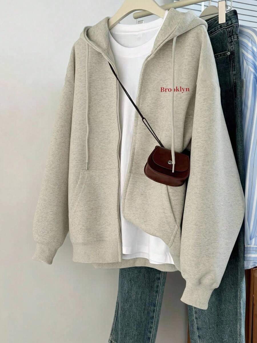 Glimmora Plus Size Casual Sports Letter Print Hoodie Jacket, Autumn ...