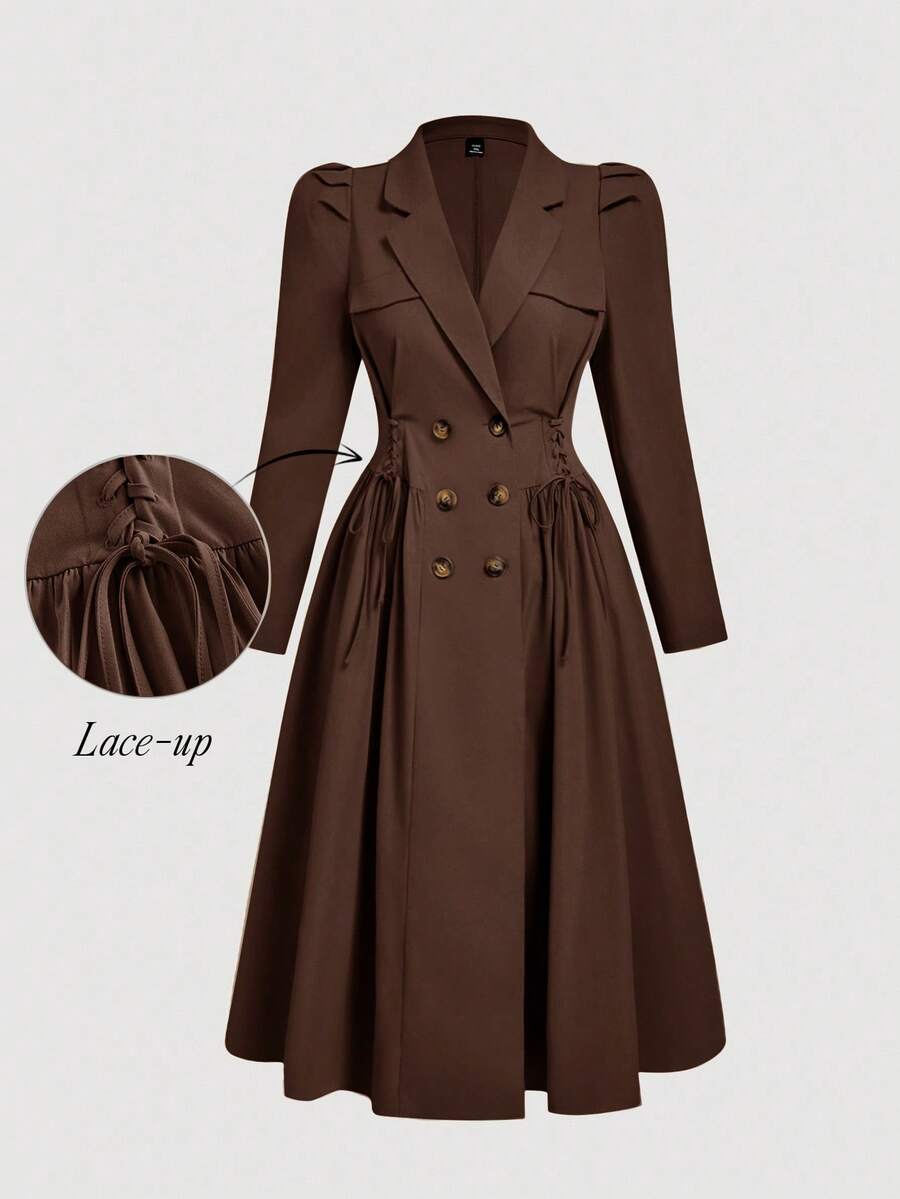 SHEIN MOD Plus Size Brown Cinched Waist Puff Sleeve Mid-Length Trench ...