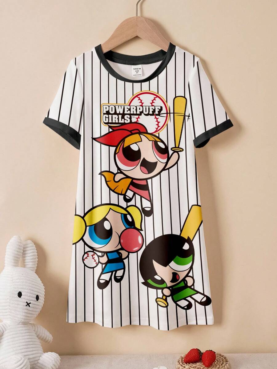 THE POWERPUFF GIRLS X SHEIN Young Girl Summer Striped Blossom, Bubbles ...