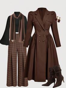 SHEIN MOD Plus Size Brown Cinched Waist Puff Sleeve Mid-Length Trench ...