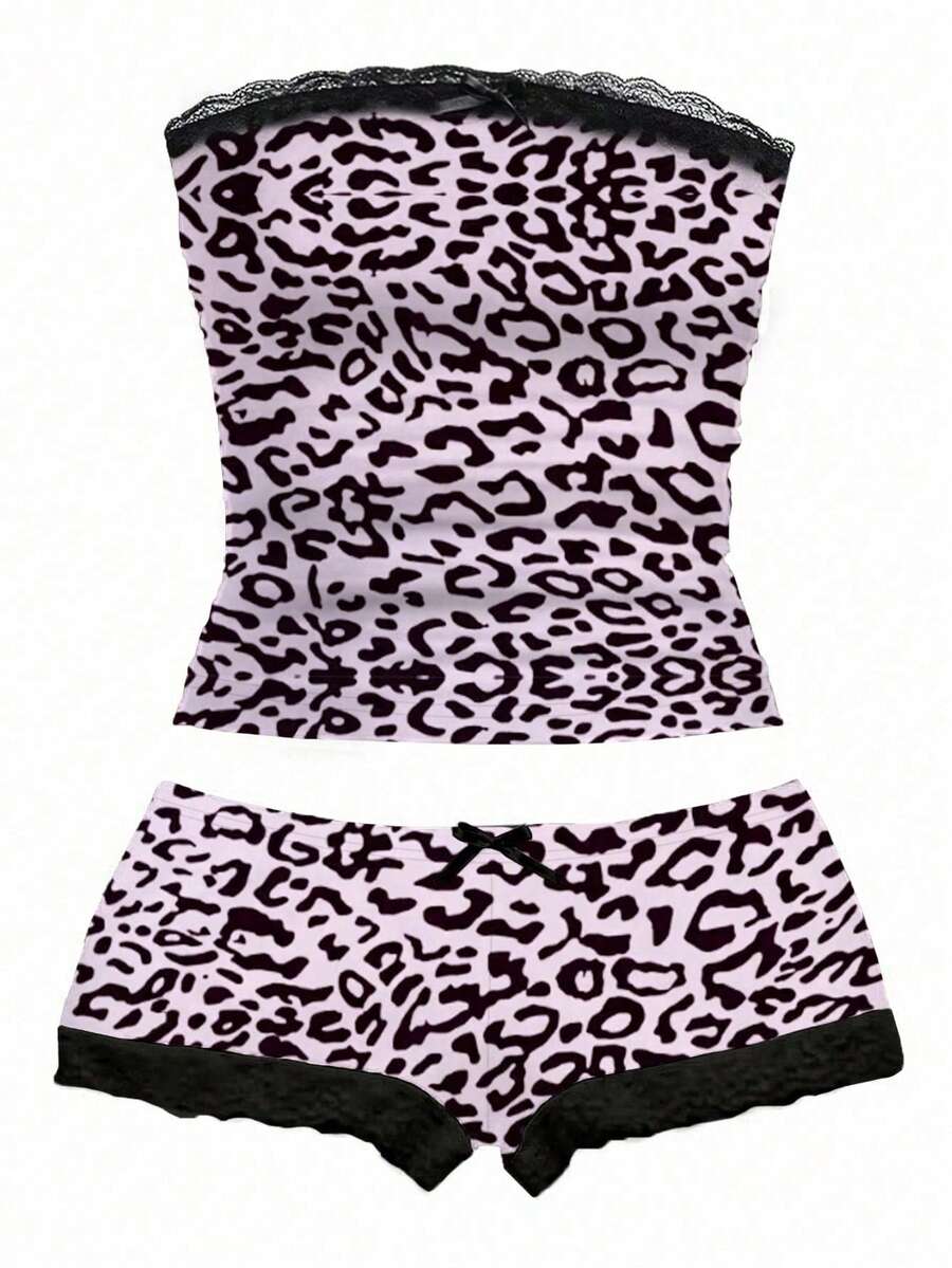 Zyxie 2pcs/Set Women Leopard Print Lace Splicing Camisole Top And ...