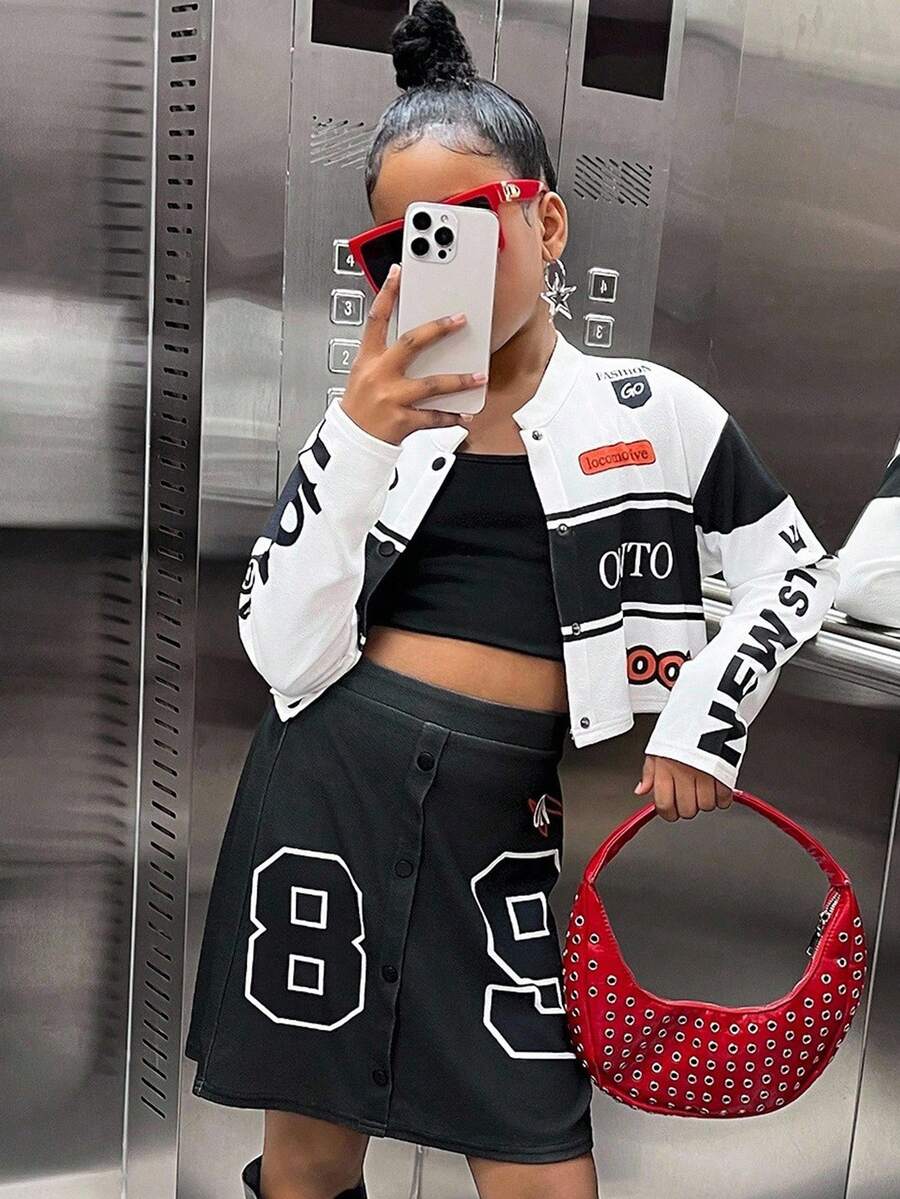 SHEIN Tween Girl Street Chic Numeric Print Jacket And Numeric Print ...