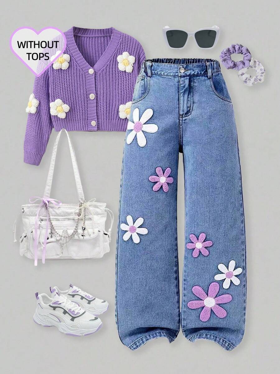 Tween Girls New Fashion Distressed Snowflake Embroidered Wide-Leg Jeans ...
