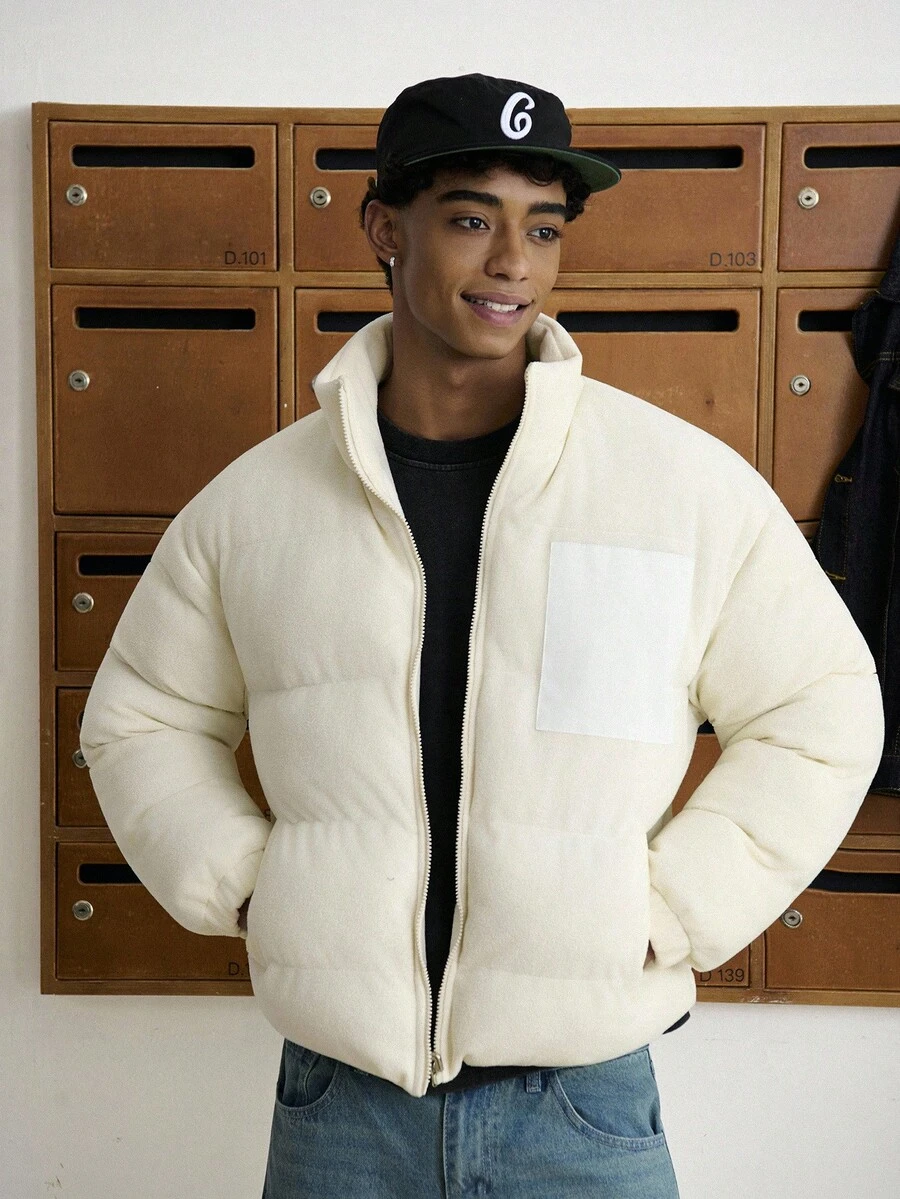 TOKVUE Men Winter Coats, Cream White Zip Up Jacket With Patch, Keep ...